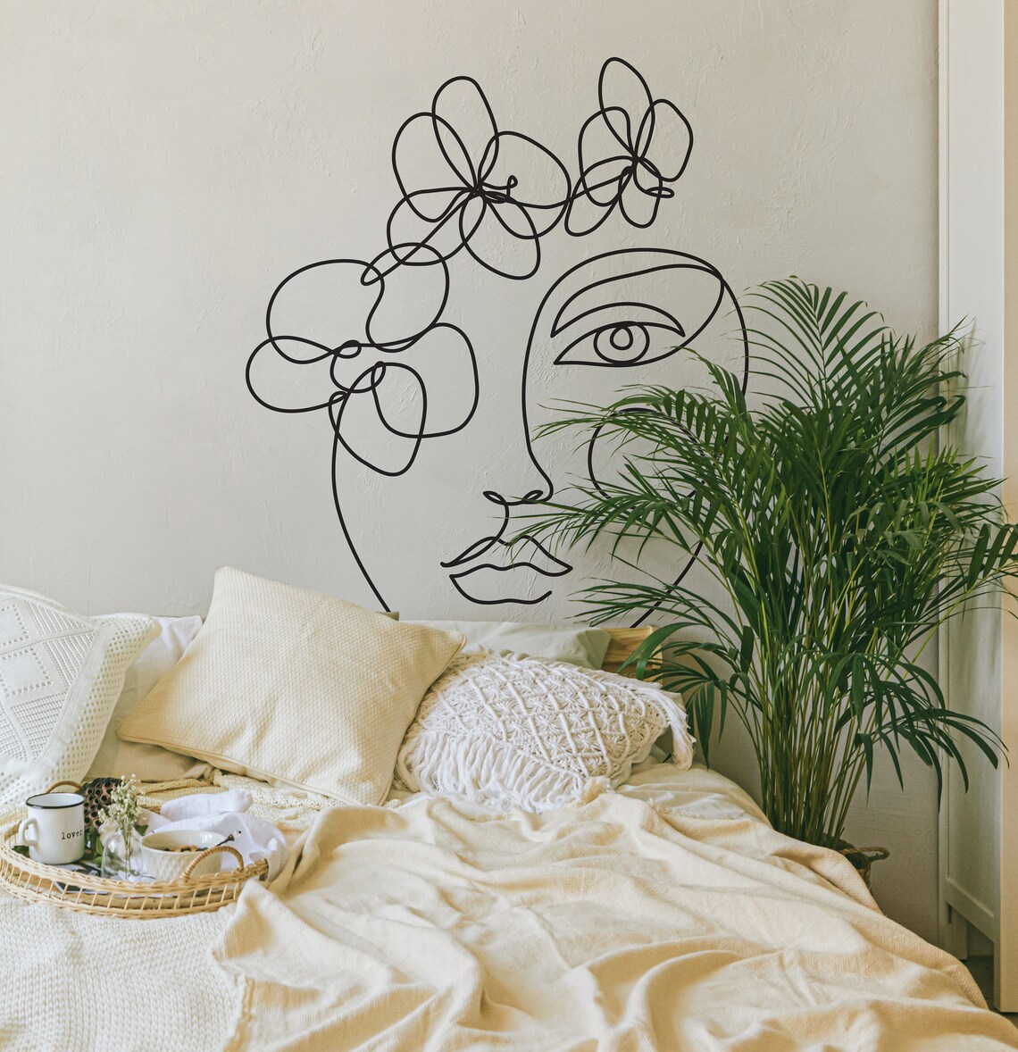 Line Drawing Wall Decal, Head Wreath Line Drawing, Focal Wall Artwork ...