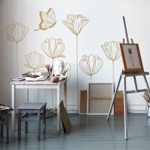Field of Flowers Wall Decals, Minimal Accent Wall Floral Line Drawing ...