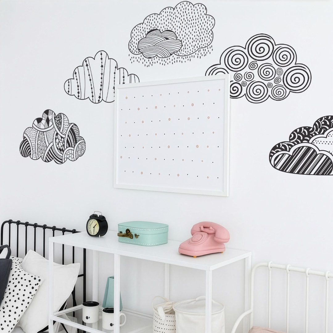 Cloud Wall Decals Set, Nursery Cloud Stickers, Boho Doodle Clouds ...