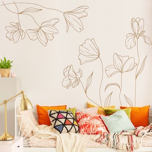Minimal Line Art Flower Corner Wall Decals – Modern Floral Accent Wall ...