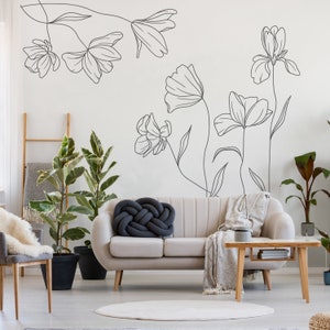 Minimal Line Art Flower Corner Wall Decals – Modern Floral Accent Wall ...