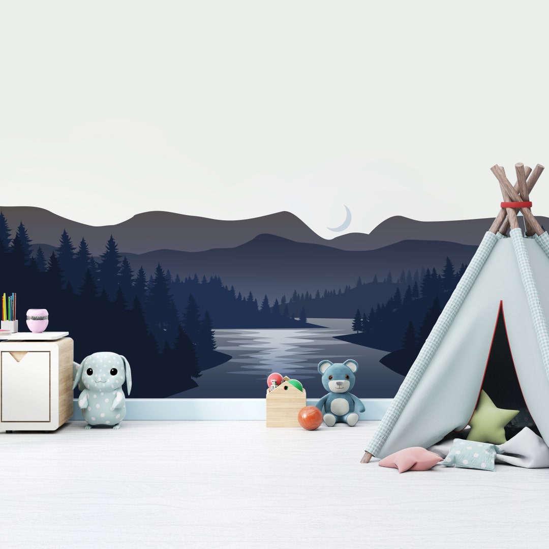 Colorful Mountain and Lake Landscape Wall Mural, Boys Nursery Woodland ...