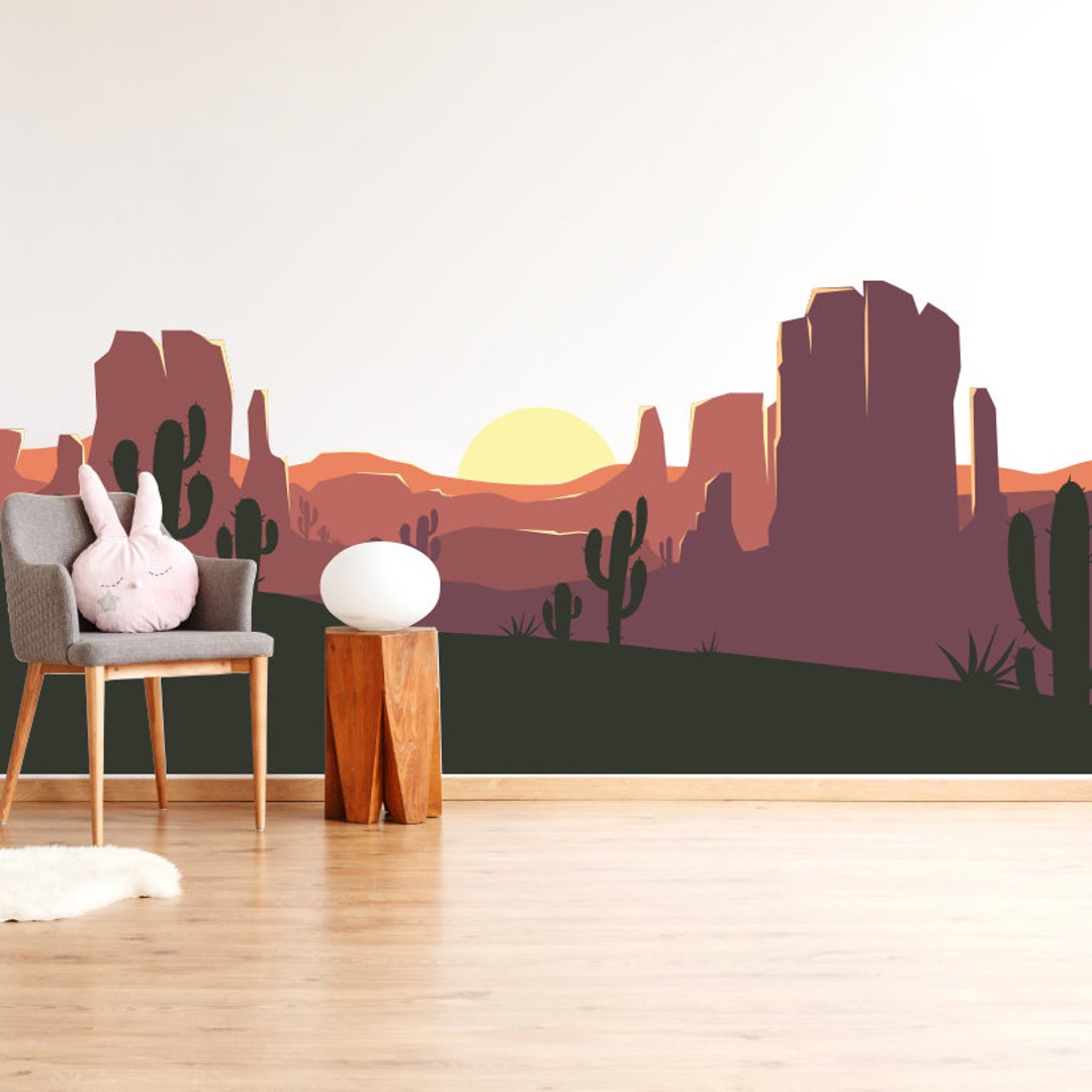 Colorful Desert Landscape and Cactus Wall Mural, Nursery and Playroom ...
