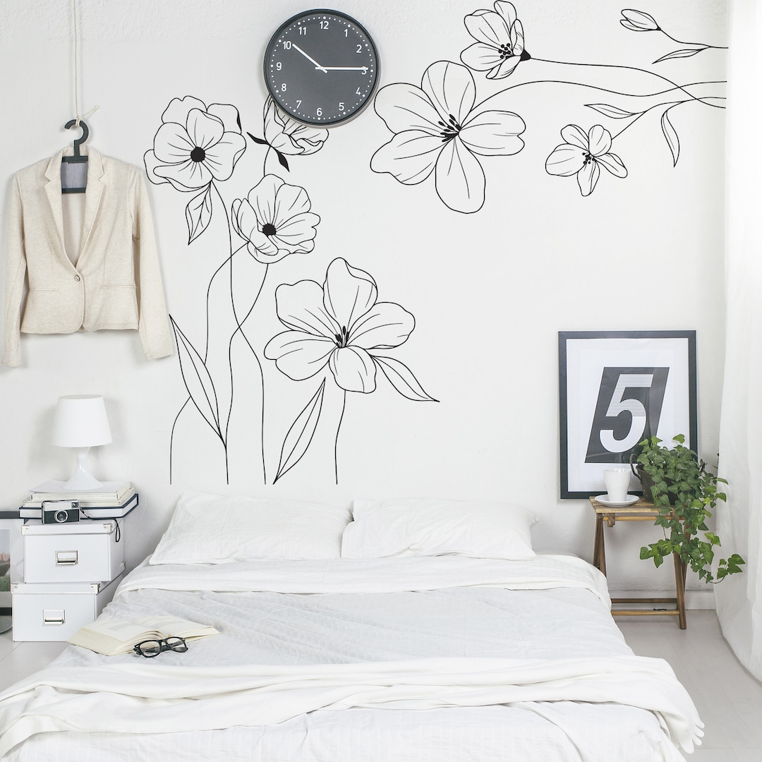 Minimal Line Drawing Flowers Corner Wall Decals, Accent Wall Floral ...