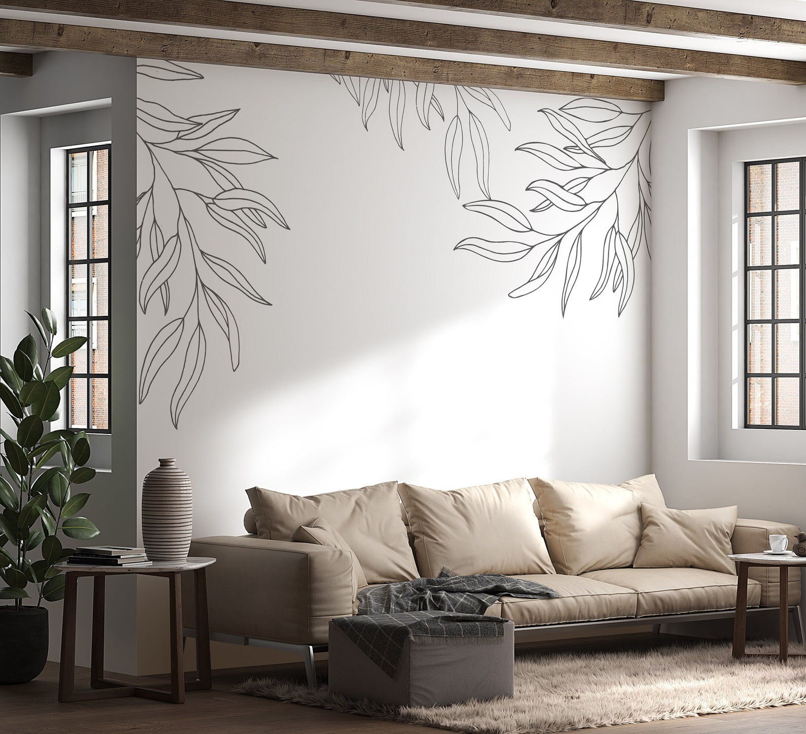 Line Drawing Corner Wall Decals, Accent Floral Line Drawing Corner ...