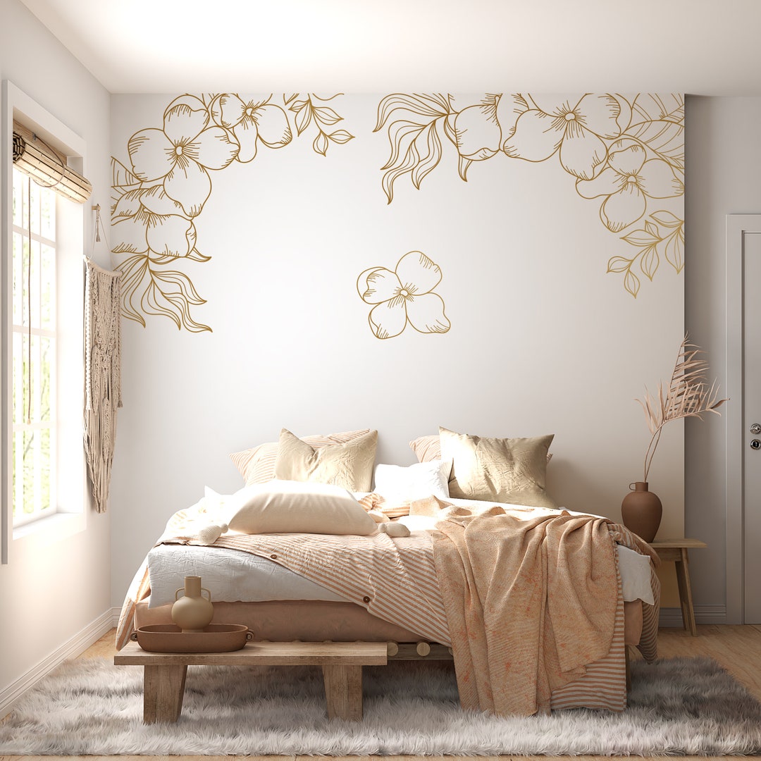 Floral Line Drawing Corner Wall Decals, Flowers Drawing Wall Decals ...