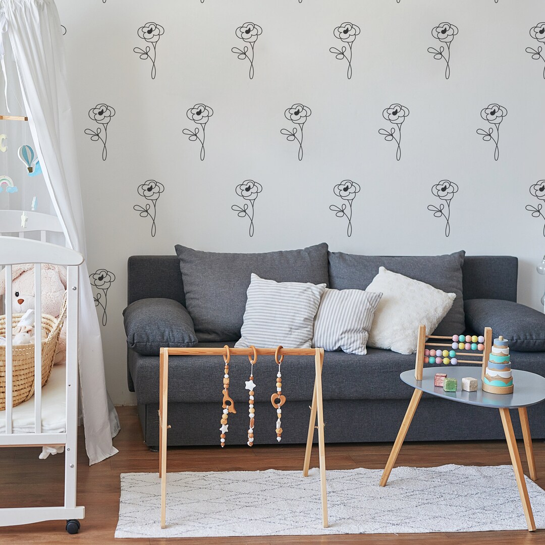 Line Drawing Small Flowers Wall Decals, Living Room Décor, Peel and ...