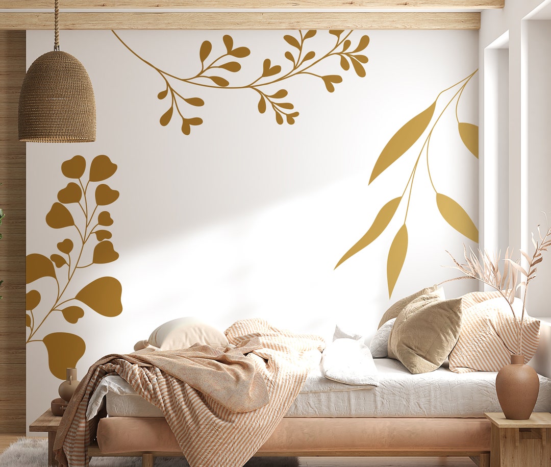 Minimal Line Drawing Leaves Corner Wall Decals, Accent Wall Floral Line ...