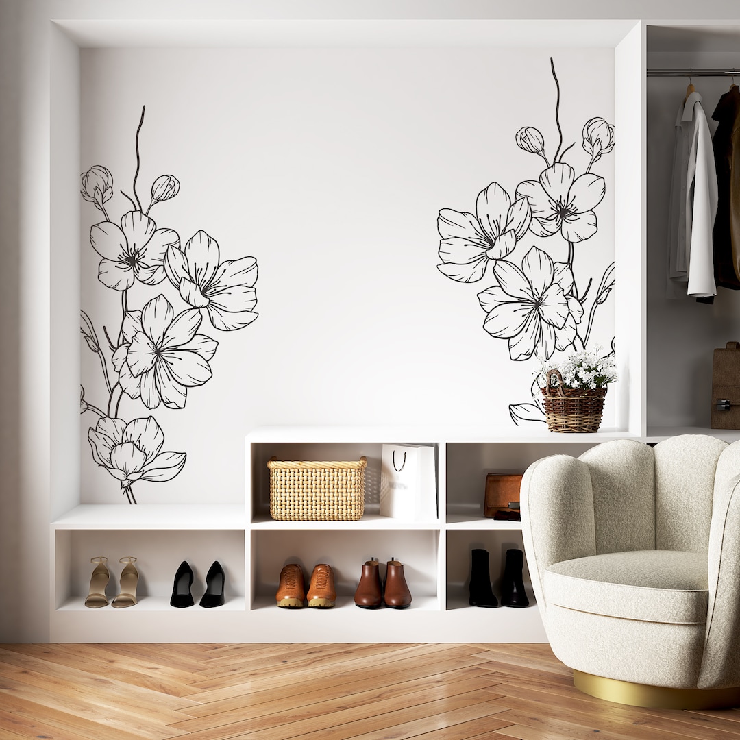 Line Drawing Corner Wall Decals, Accent Floral Line Drawing Corner ...