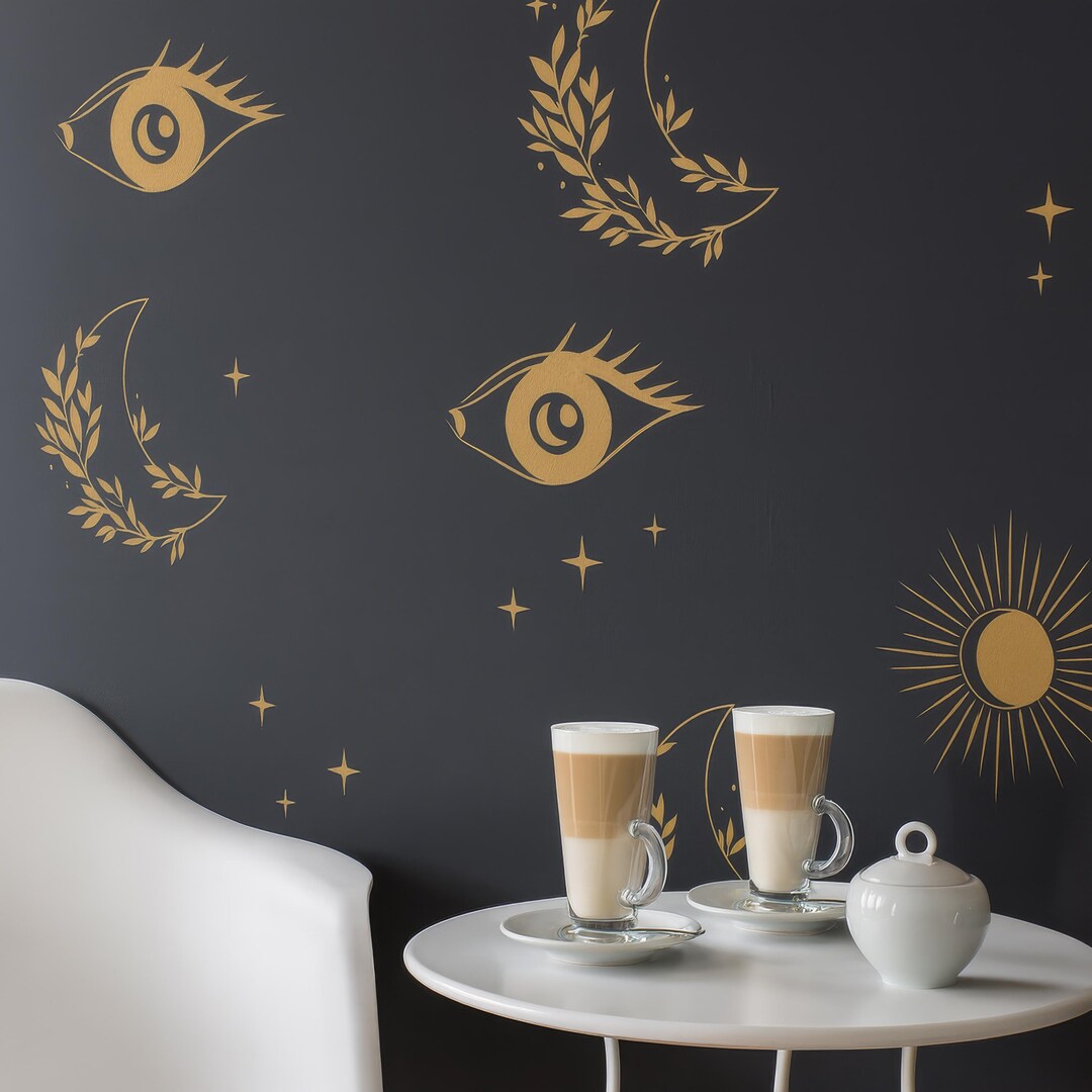 Boho Celestial Wall Decal Set, Sun Moon Eye + Stars, Mystic Wall ...