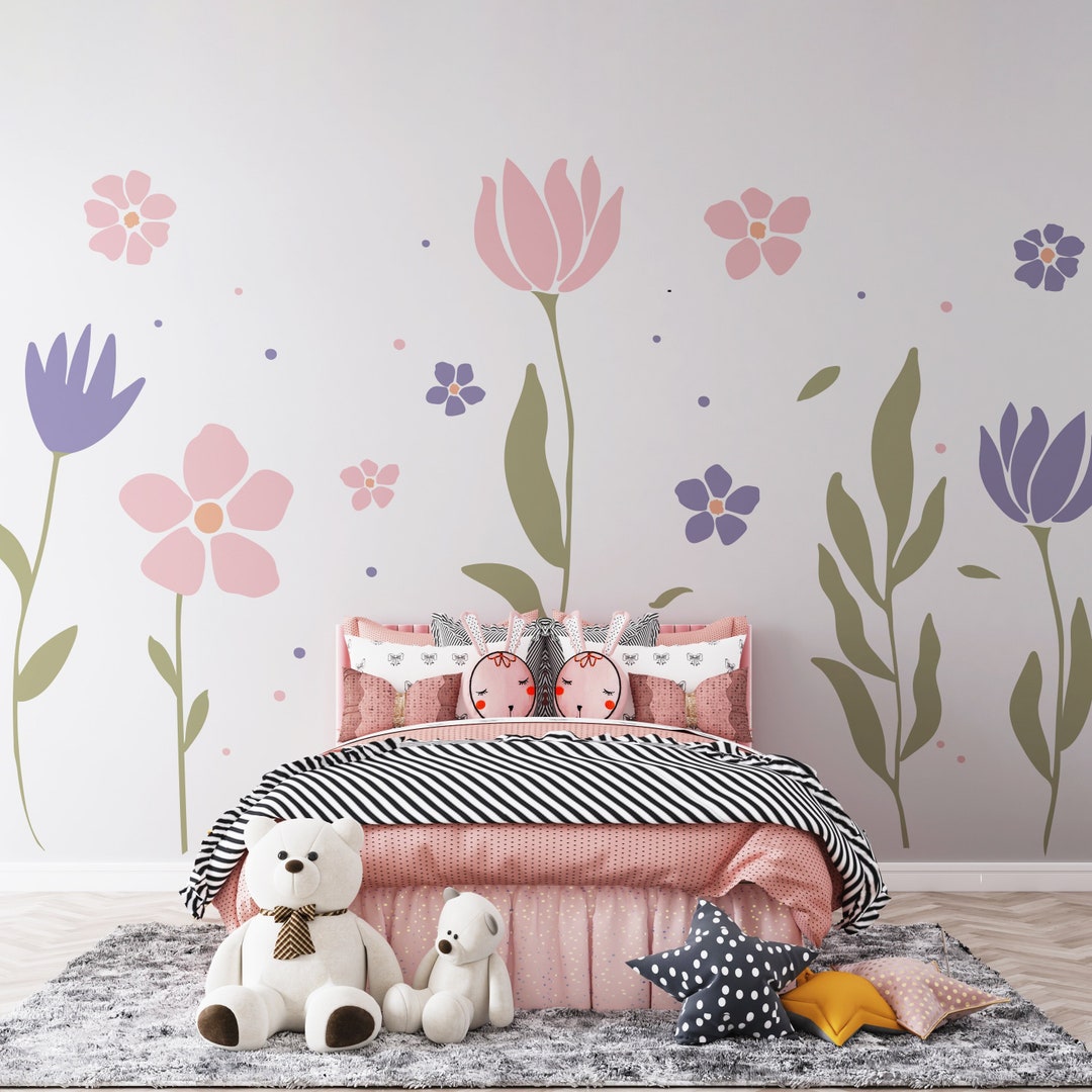 Floral Decorative Wall Decals Set, Retro Flowers Stickers, Abstract ...