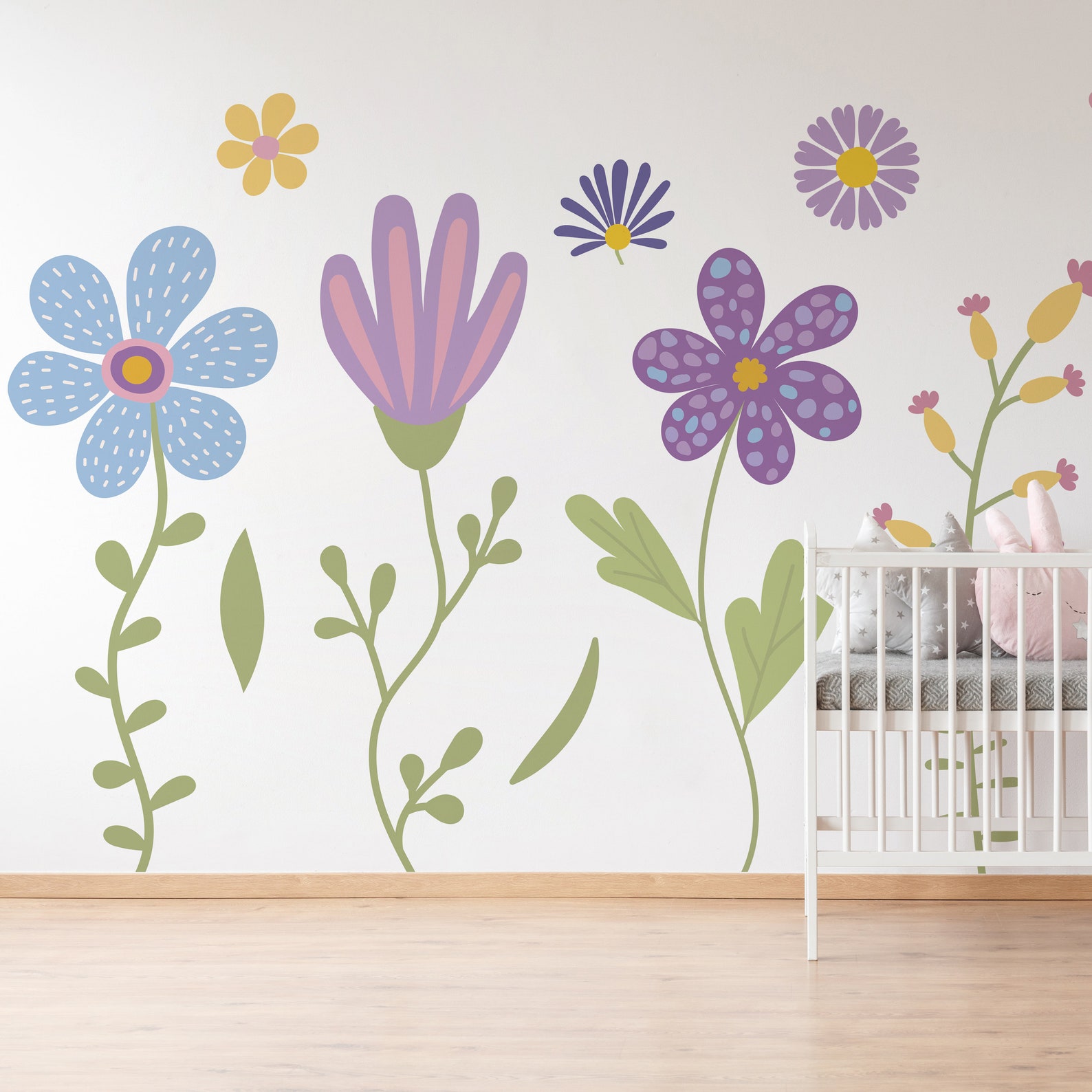 Scandinavian Flowers Wall Decals, Retro Flowers Stickers, Colorful ...