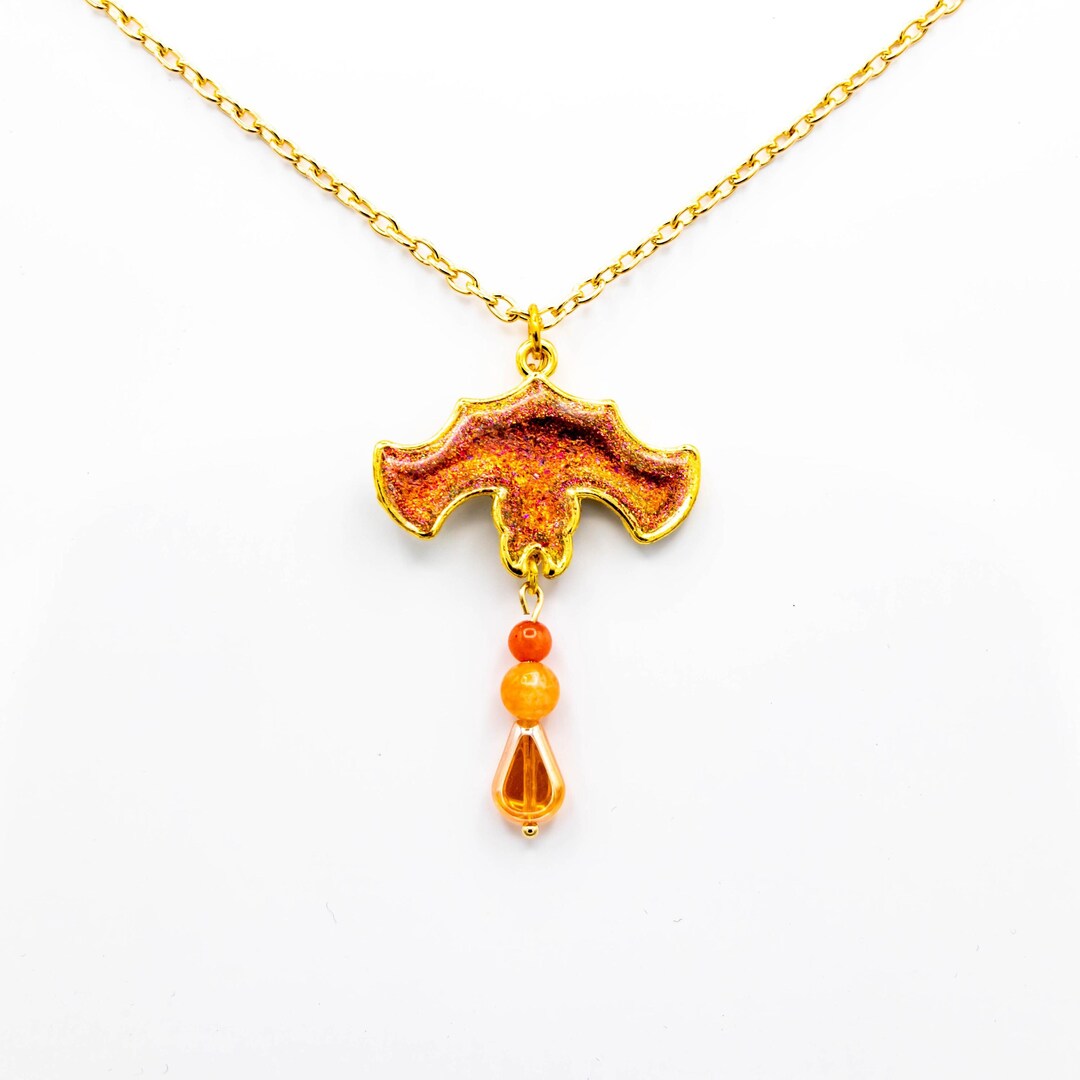 Bat Chain Necklace - Orange Halloween Shimmery Beaded Pendant - Choose ...