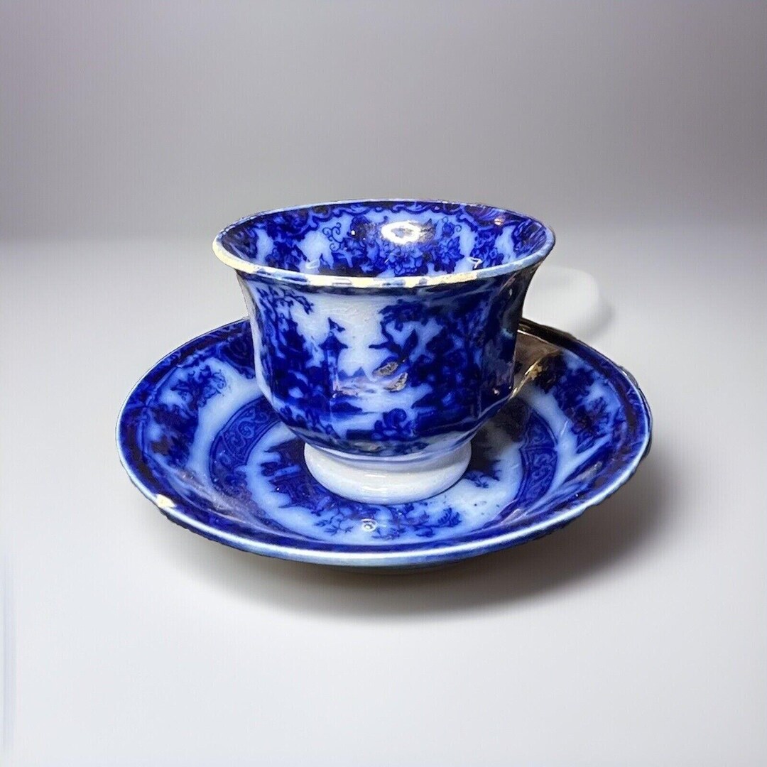 Antique Temple Flow Blue Ironstone Cup and Saucer Handleless Aged 1800s ...