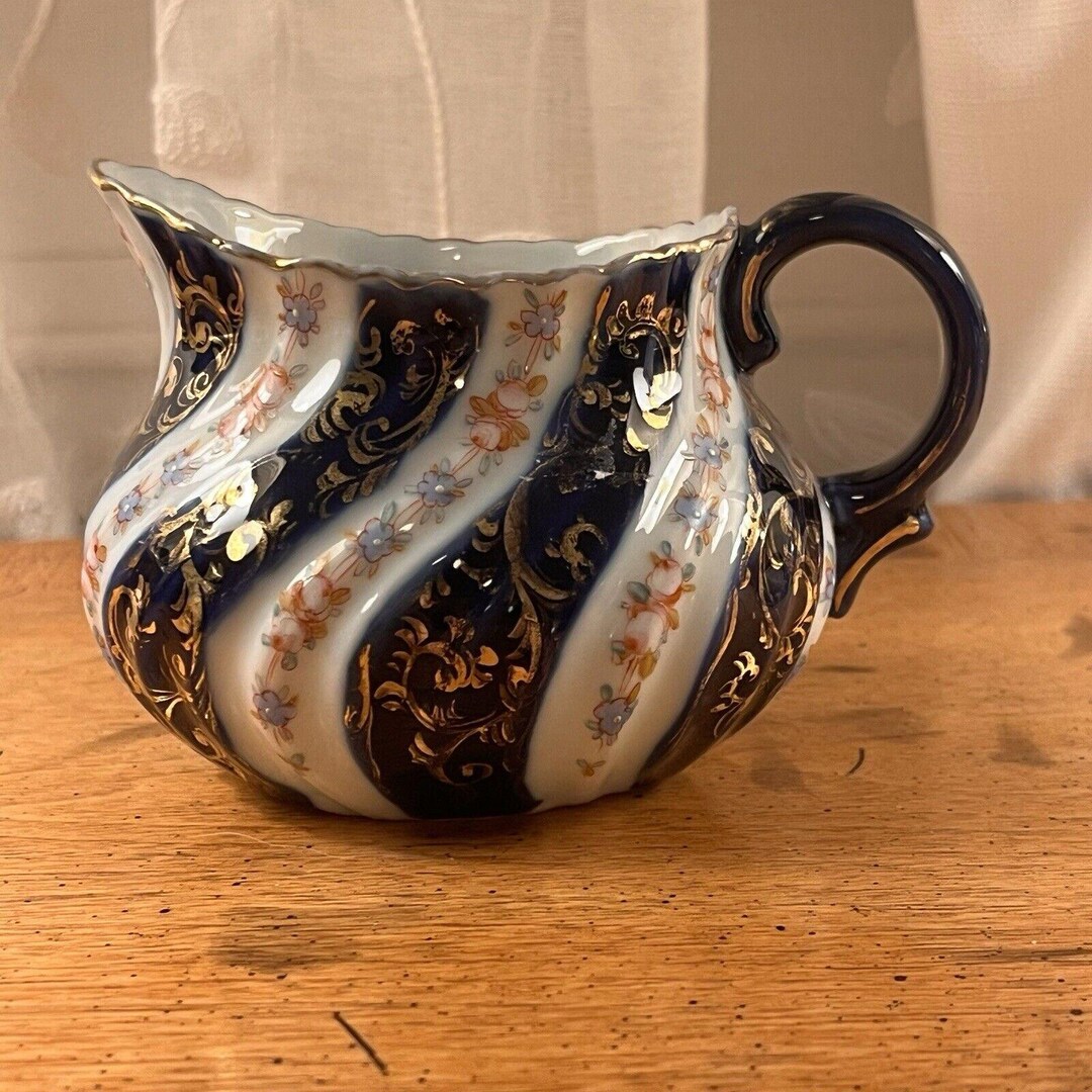 Antique Cobalt Blue Pitcher Jug Creamer Swirl George Jones Likeness ...