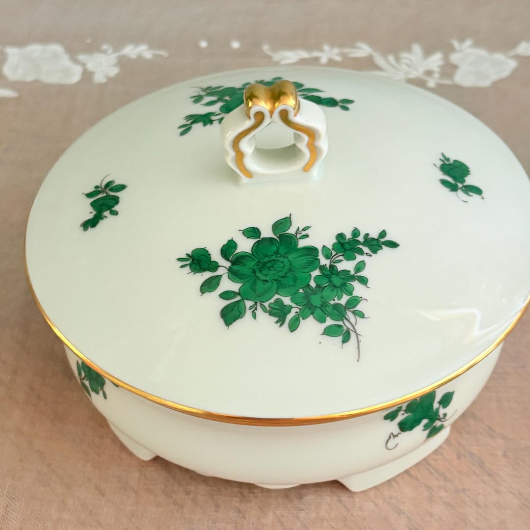 Vintage Augarten Wien Austria Covered Dish – Green Floral With Gold ...