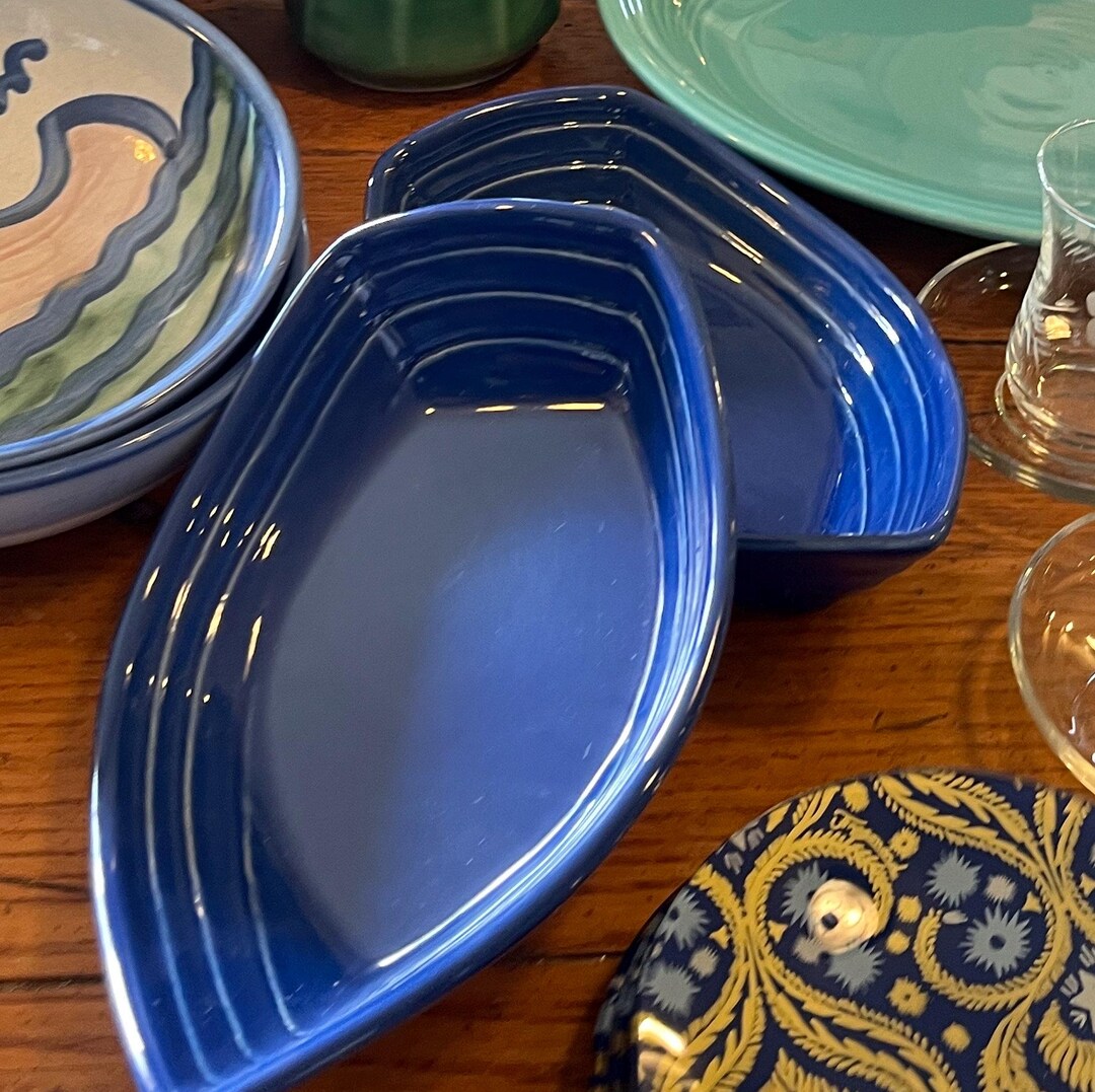 Apollia French Pottery Glazed Blue Boat Dishes (2) New Listing is for ...