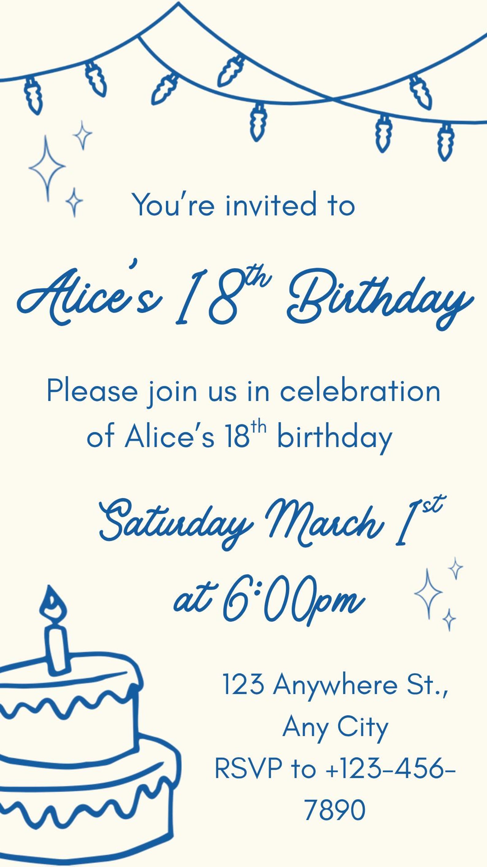 18th Birthday Invitation Template | Blue String Lights, Cake (digital ...