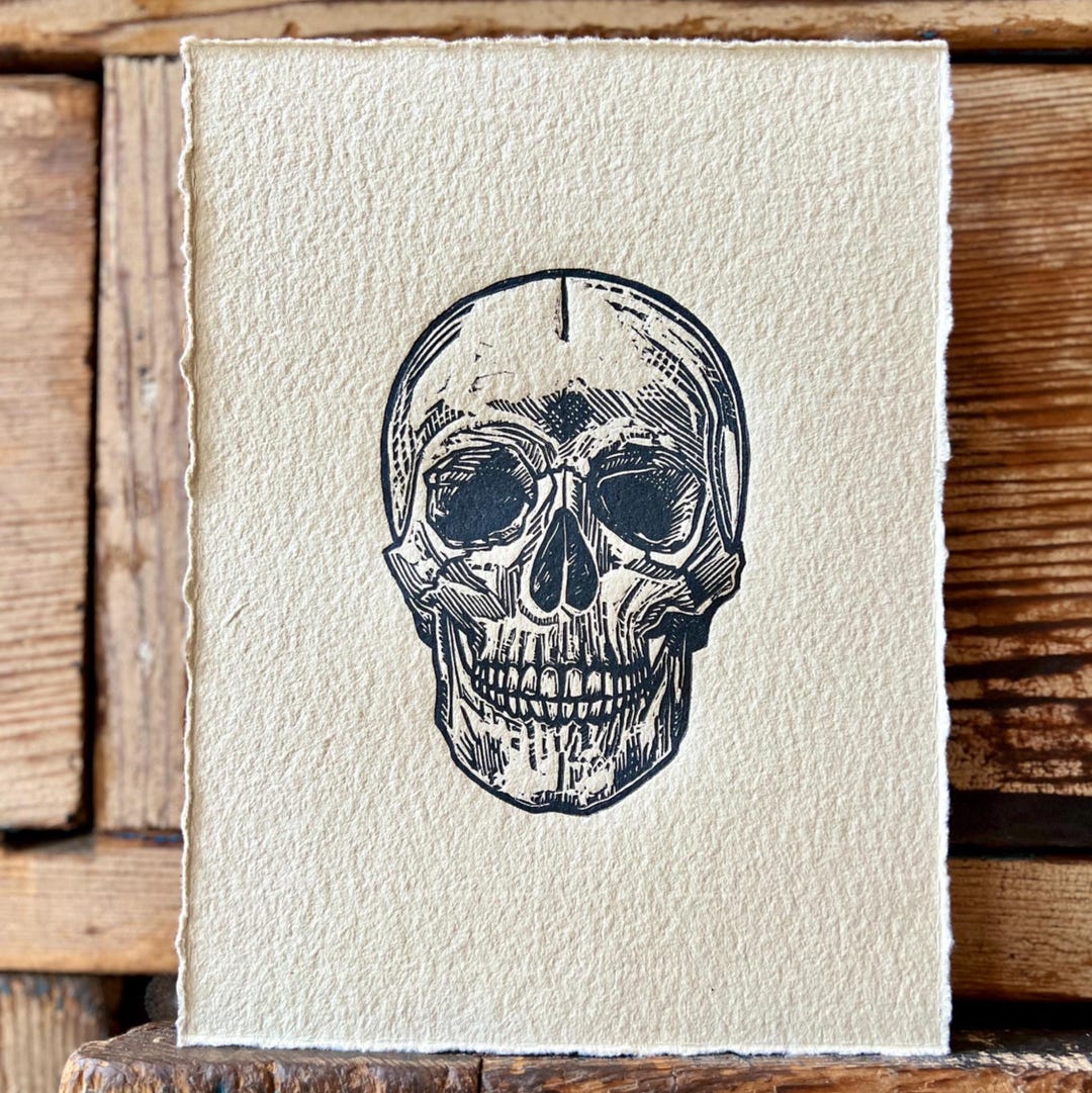 Linocut Skull Print. (6x8) - Etsy