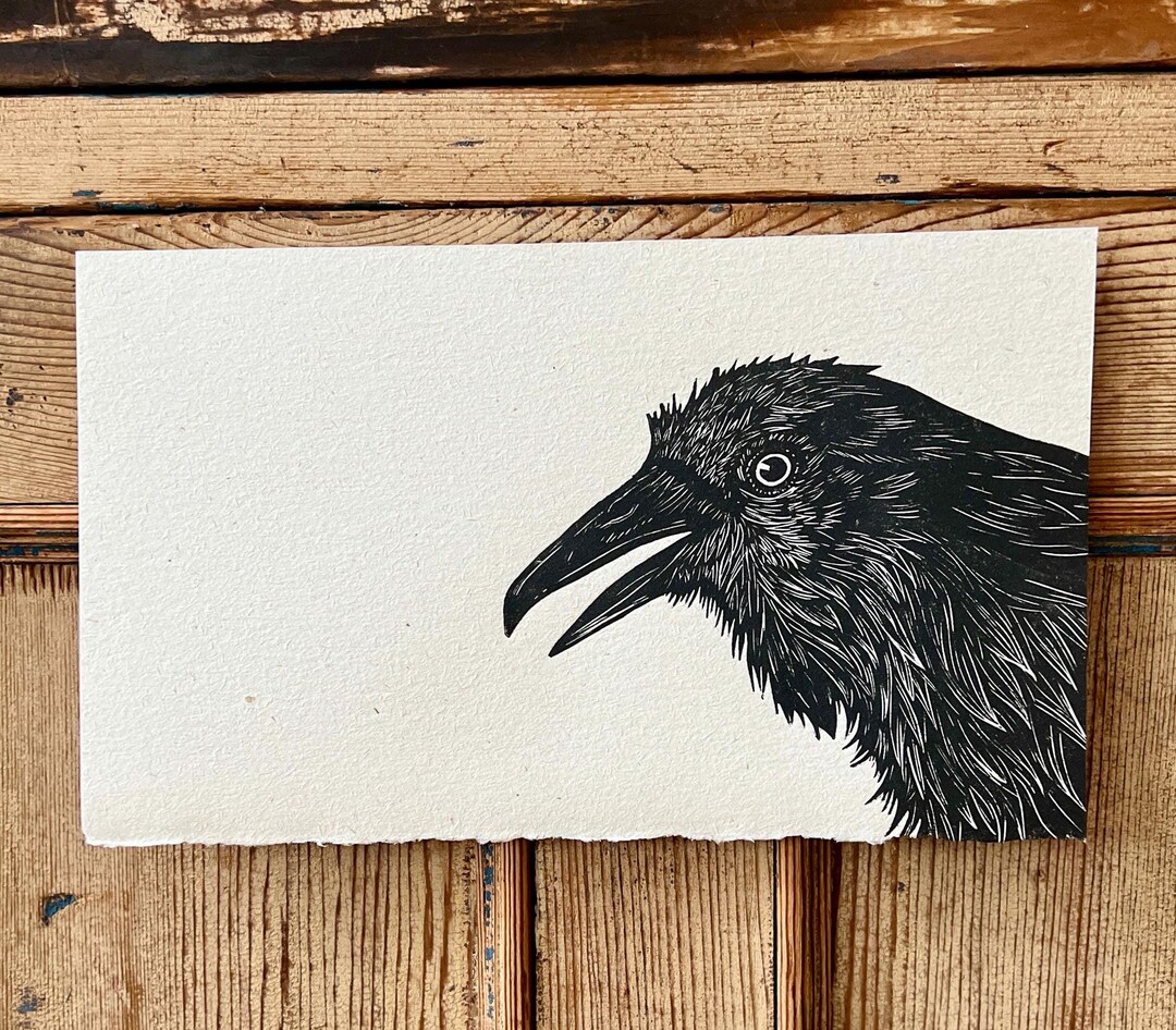Raven. Crow. Original Linocut Print on Recycled Cotton Rag Paper. Bird ...