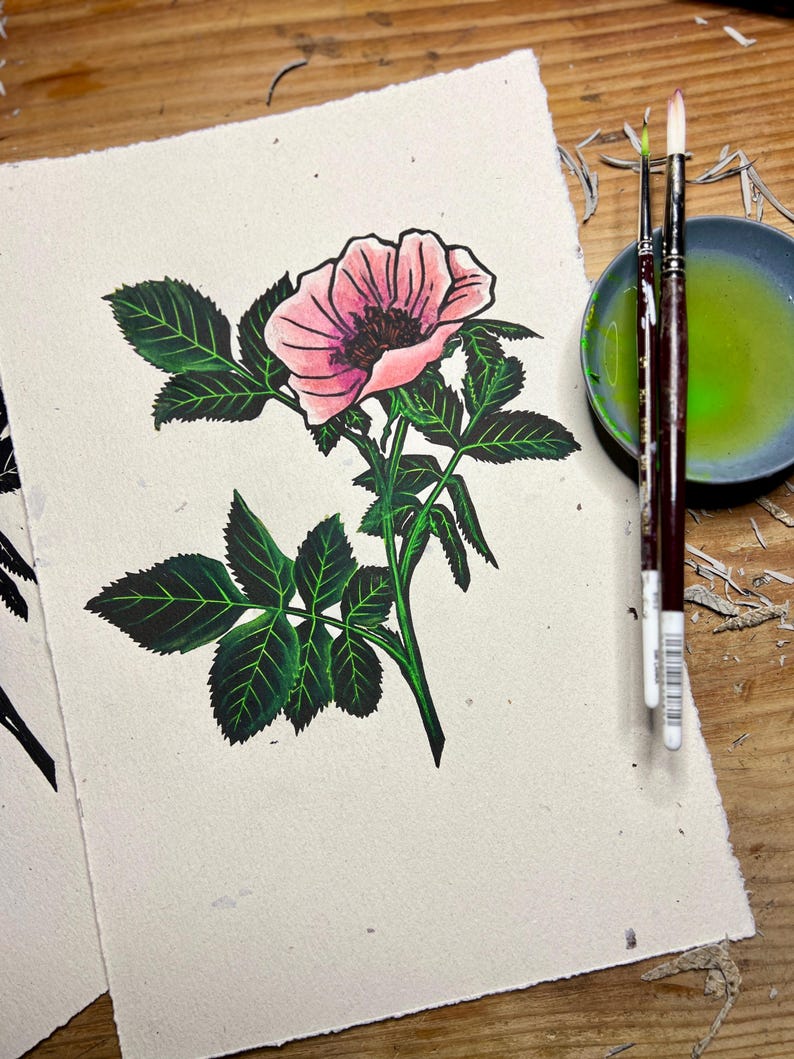 Wild Rose Linocut Print. Nootka Rose. Handmade. Botanical Art. - Etsy
