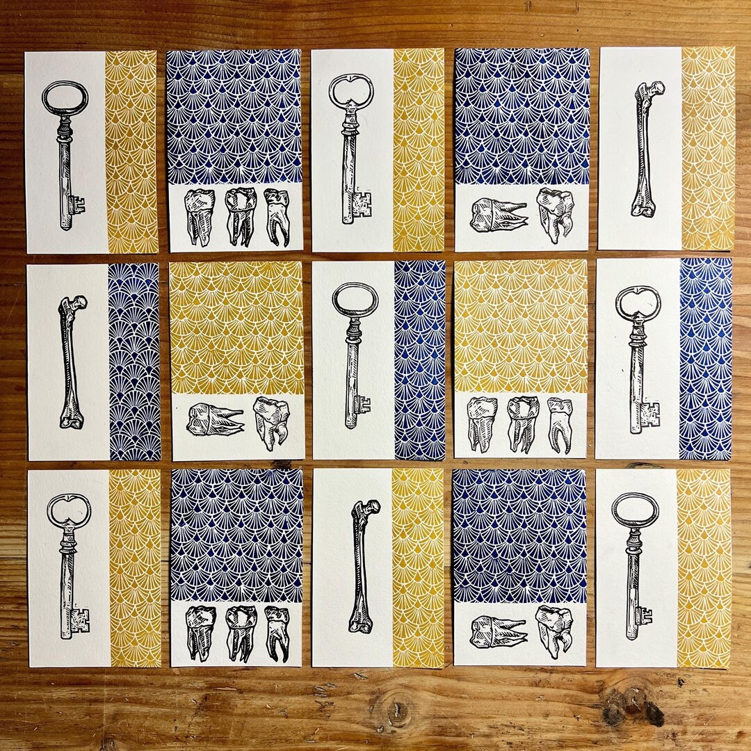 Linocut Mini Print Pack. Art Deco Pattern With Skeleton Keys, Teeth and ...