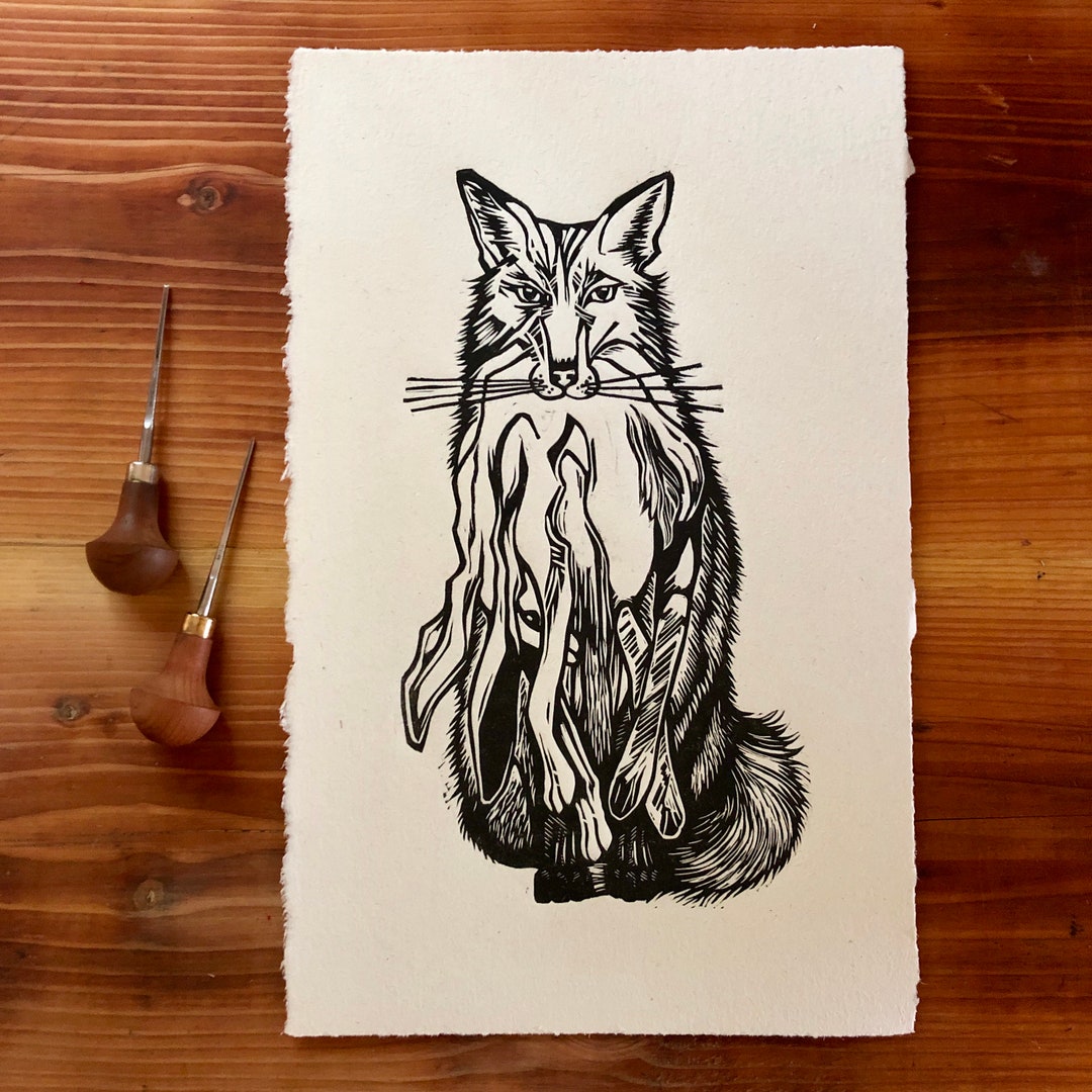 Limited Edition Linocut Print Signed and Numbered. Fox and Hare. Folk ...