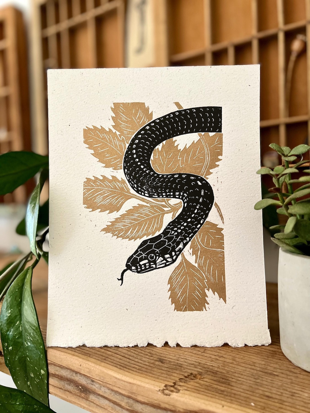 Snake and Nettle Two Colour Linocut Print on Handmade Paper. Reptile ...
