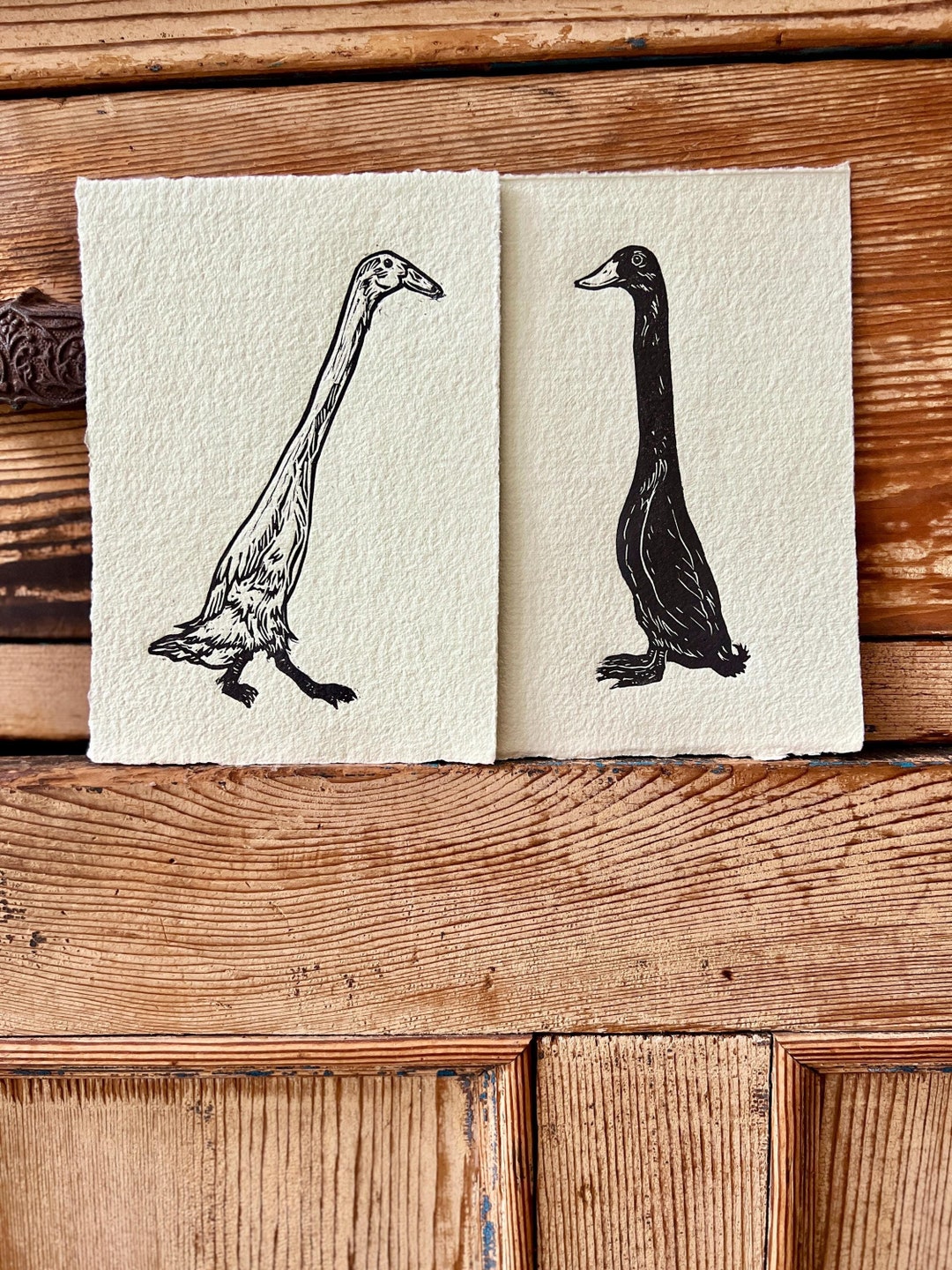 Indian Runner Ducks With Extra Long Necks. Whimsical Linocut Prints. 5 ...