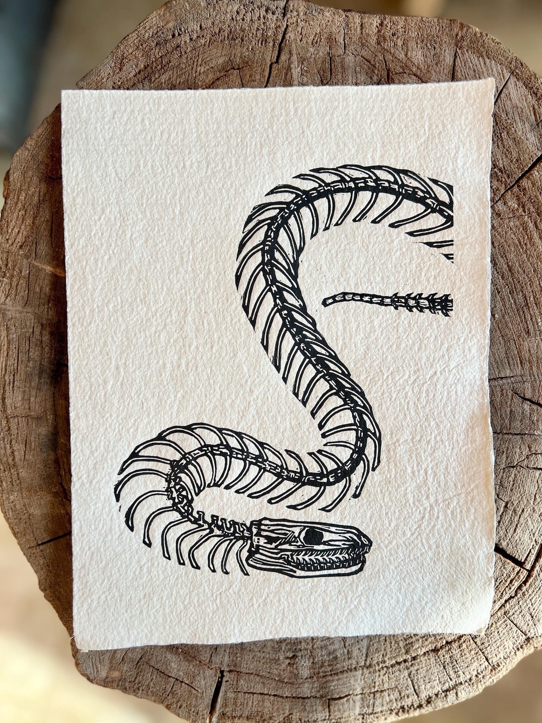 Snake Skeleton Linocut Print on Heavyweight Handmade Cotton Rag Paper ...