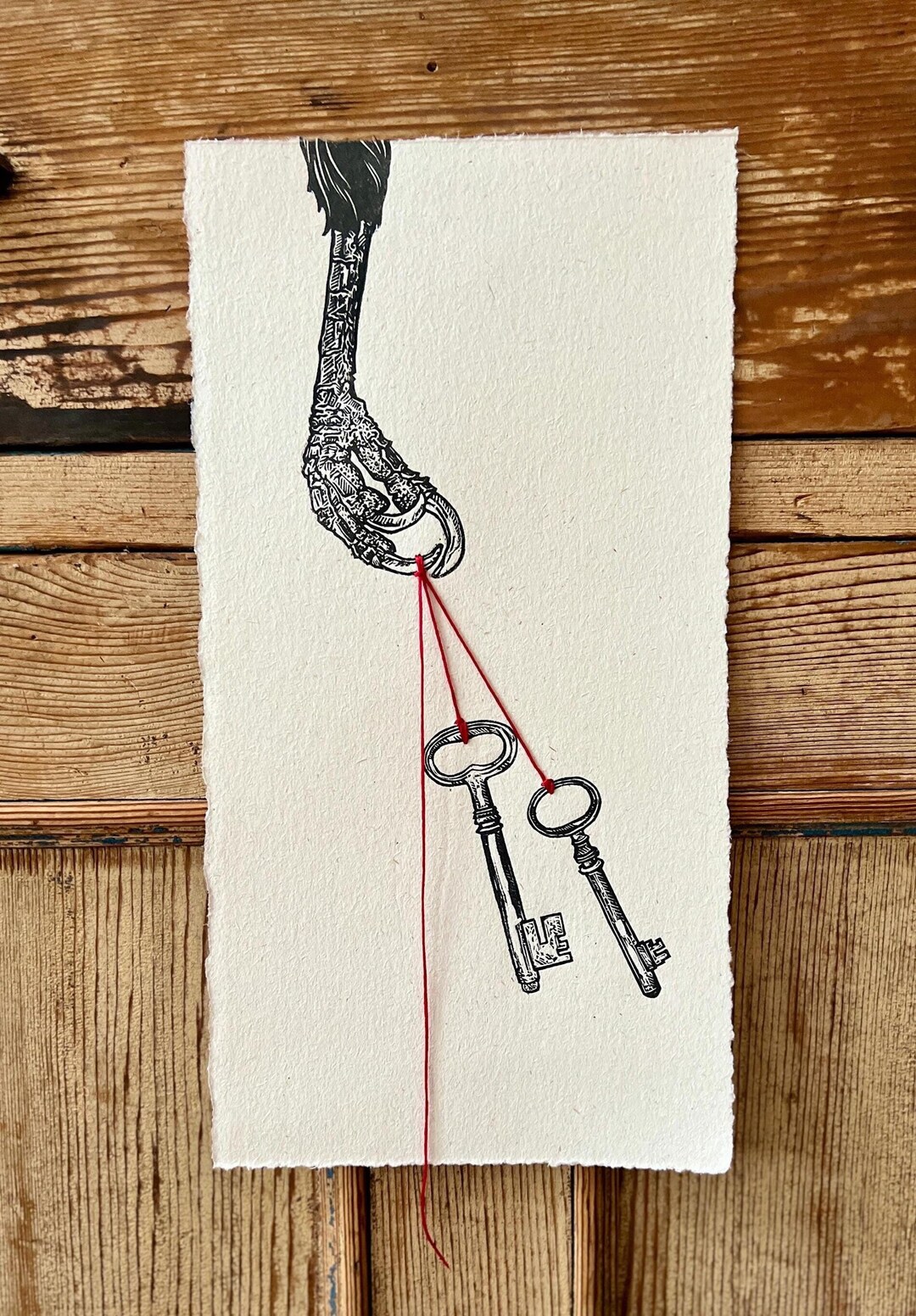 Raven Claw Holding Skeleton Keys. Original Linocut Print on Heavyweight ...