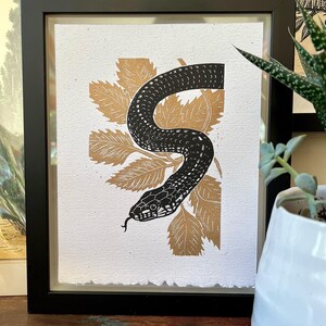 Snake and Nettle Two Colour Linocut Print on Handmade Paper. Reptile ...