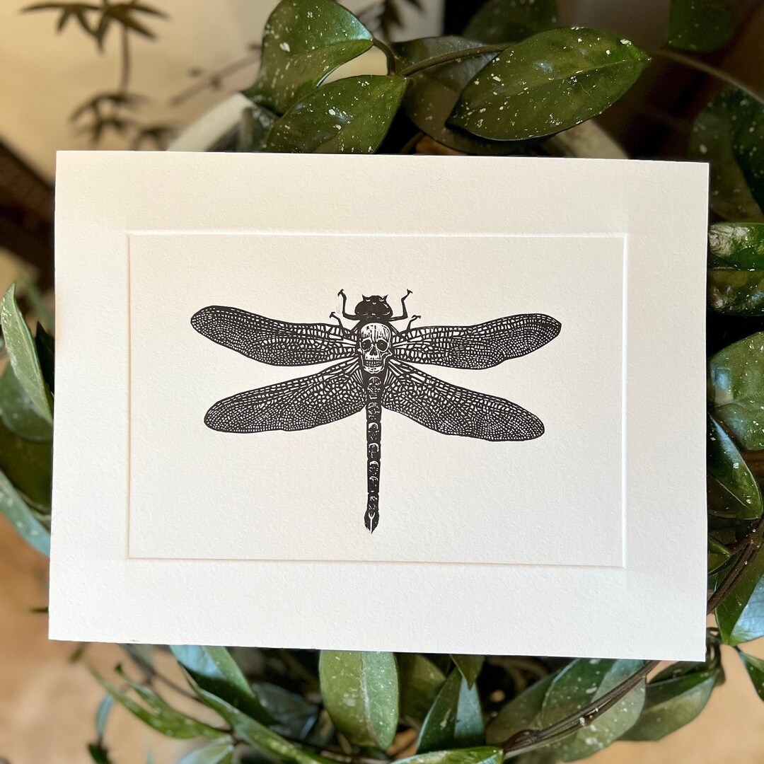 Dragonfly With Skulls. Entomology Art. Original Linocut Print on ...