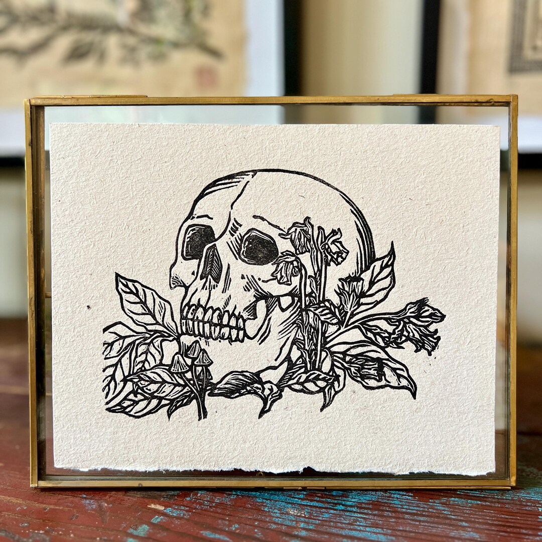 Skull With Florals Original Linocut Print on Cotton Rag Paper. - Etsy
