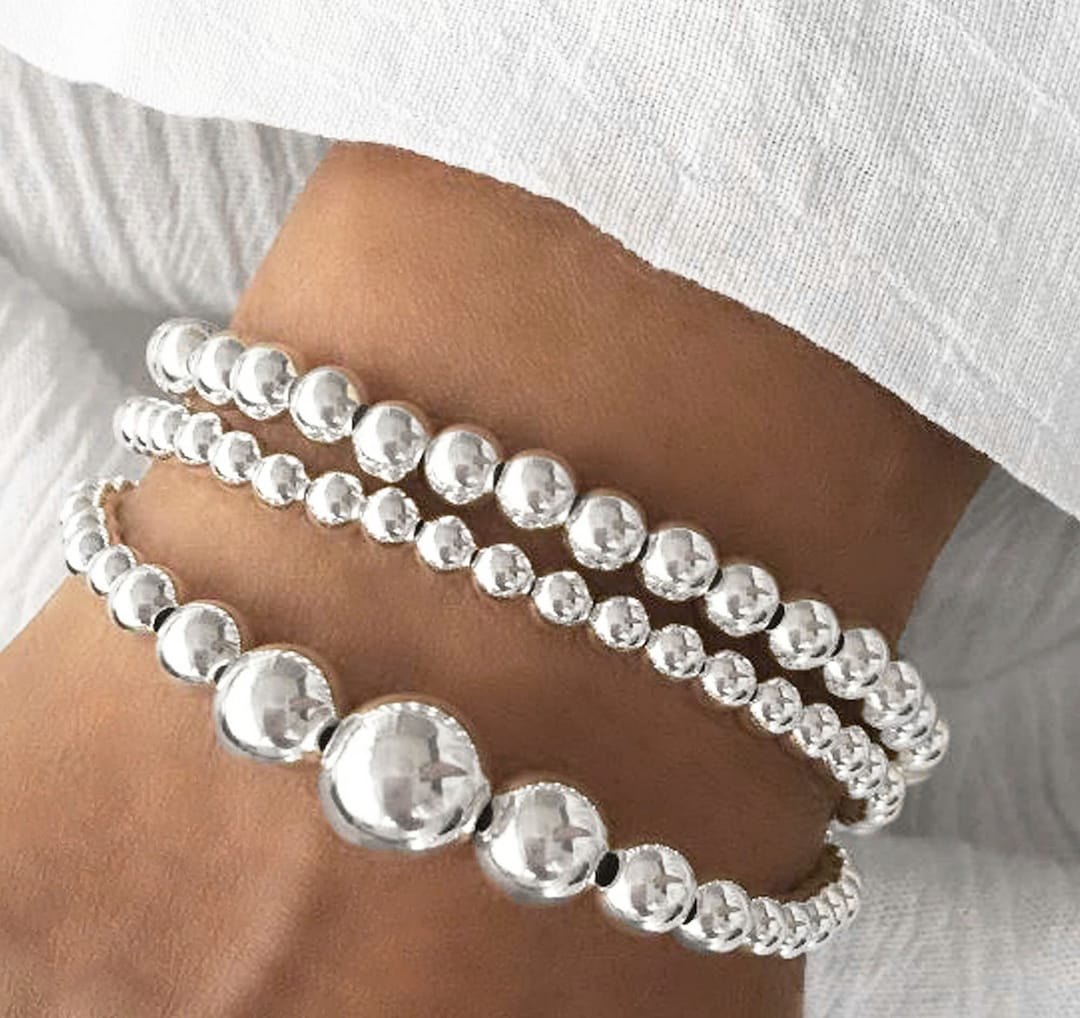925 Sterling Silver Stretch Mixed Bead Bracelet Bracelet - Etsy