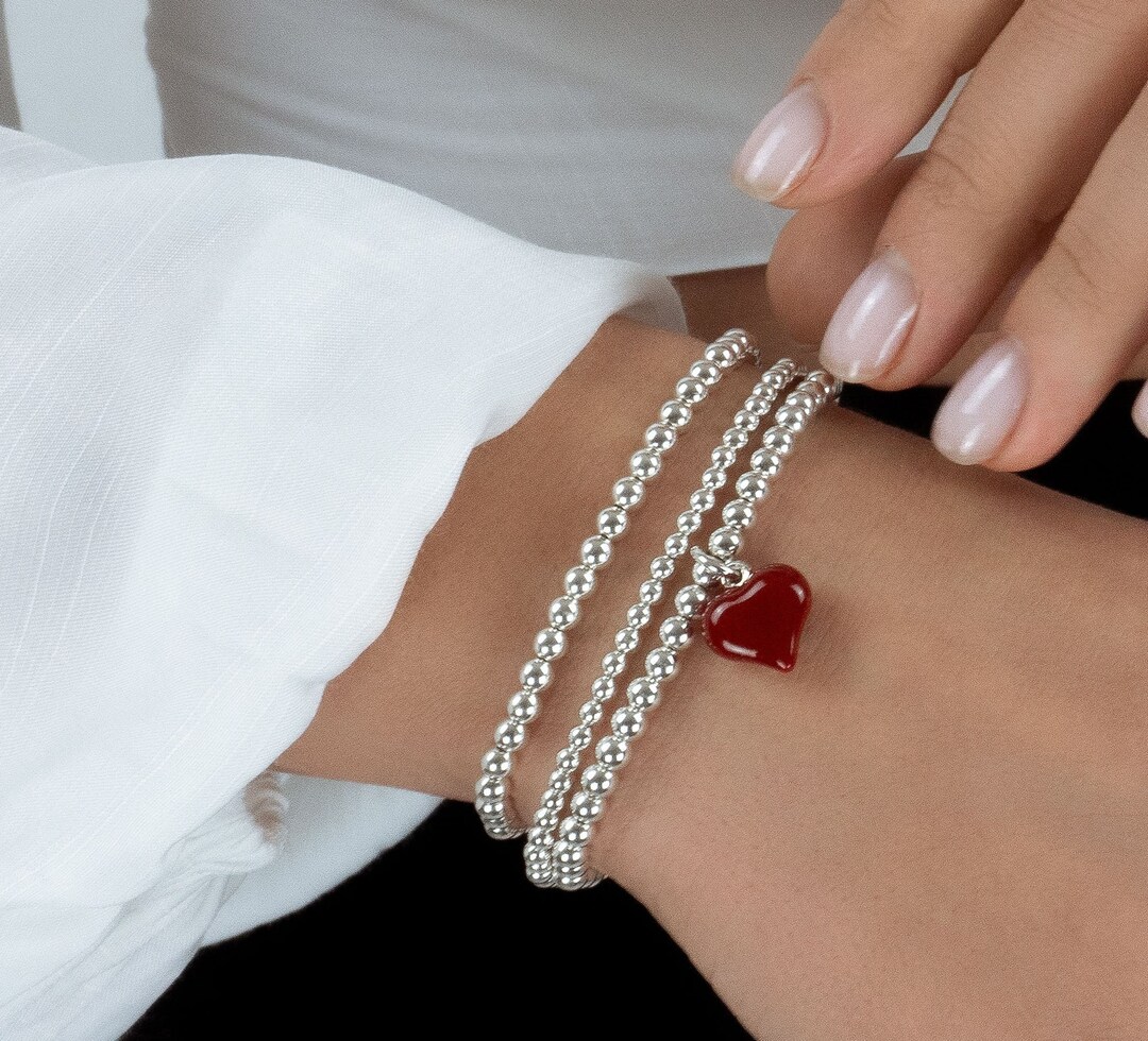 925 Sterling Silver Red Puff Heart Charm Bracelet, Red Heart Charm ...