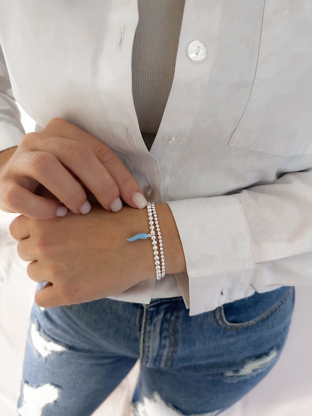 925 Sterling Silver Blue Cornetto, Italian Horn Bracelet, Malocchio ...