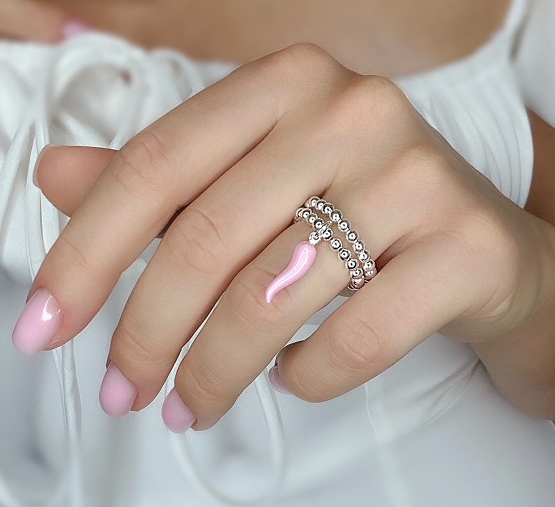 925 Sterling Silver Pink Cornetto Stretch Charm Ring, Italian Horn ...