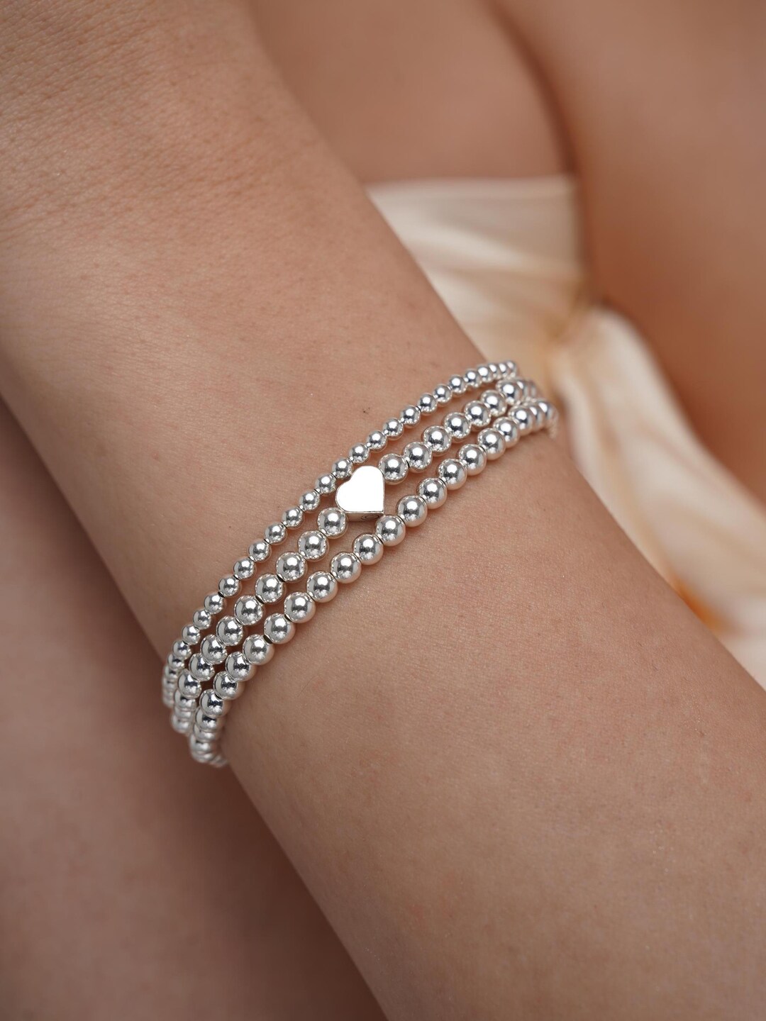 925 Sterling Silver Heart Bracelet, Sterling Silver Stretch Bracelet ...