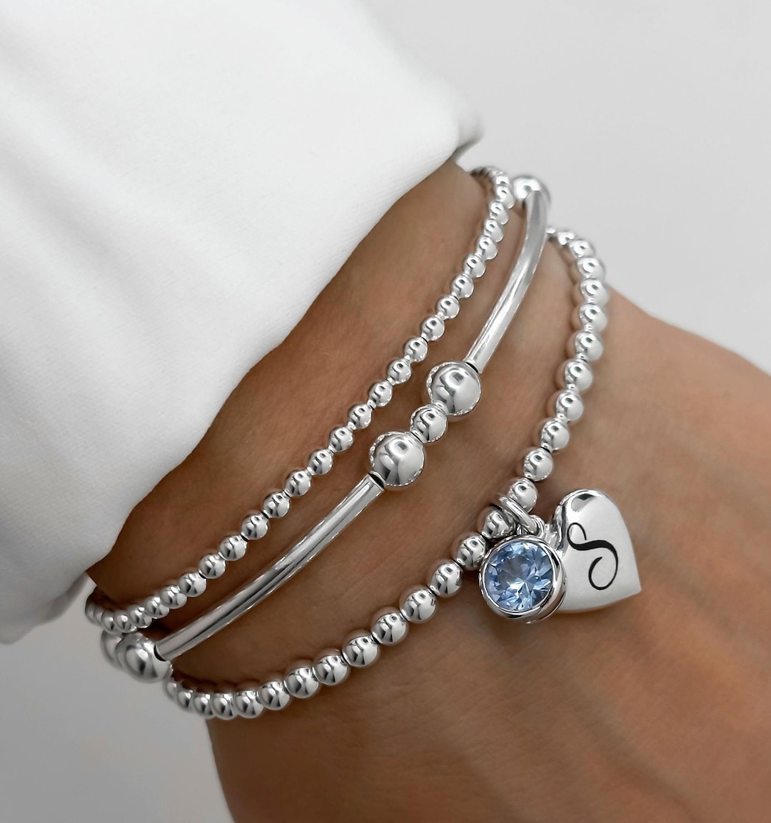 925 Sterling Silver Heart Laser Engraved Initial CZ Birthstone Bracelet ...