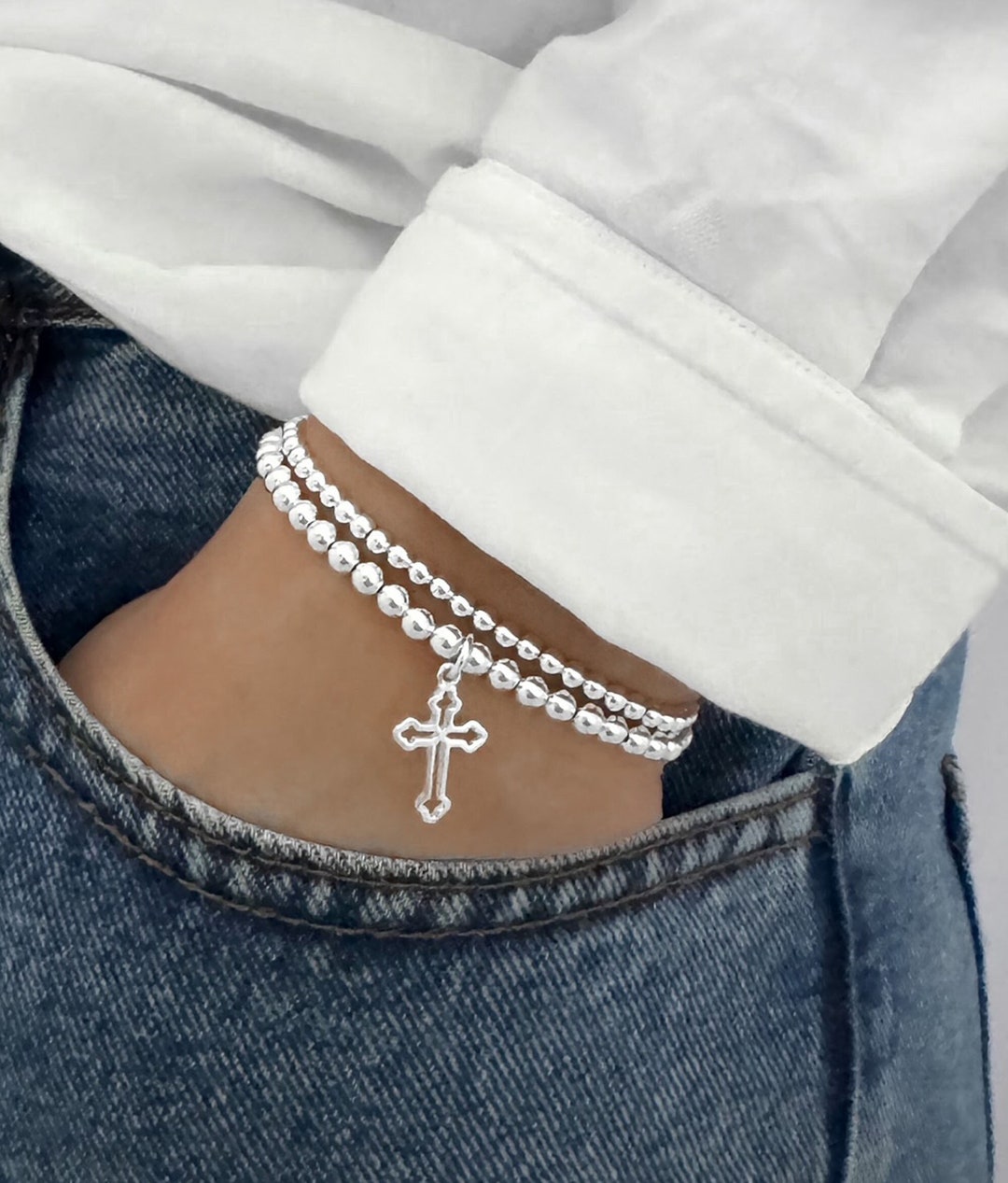925 Sterling Silver Cross Charm Bracelet, Religious, Sterling Silver ...