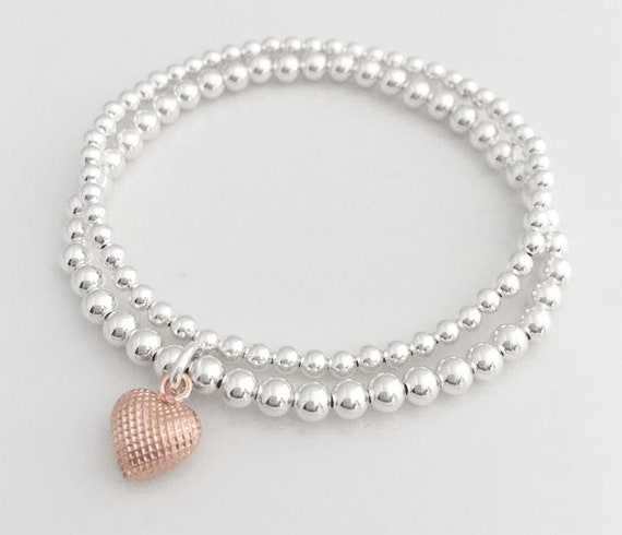 925 Sterling Silver Rose Gold Heart Charm Bracelet Heart | Etsy