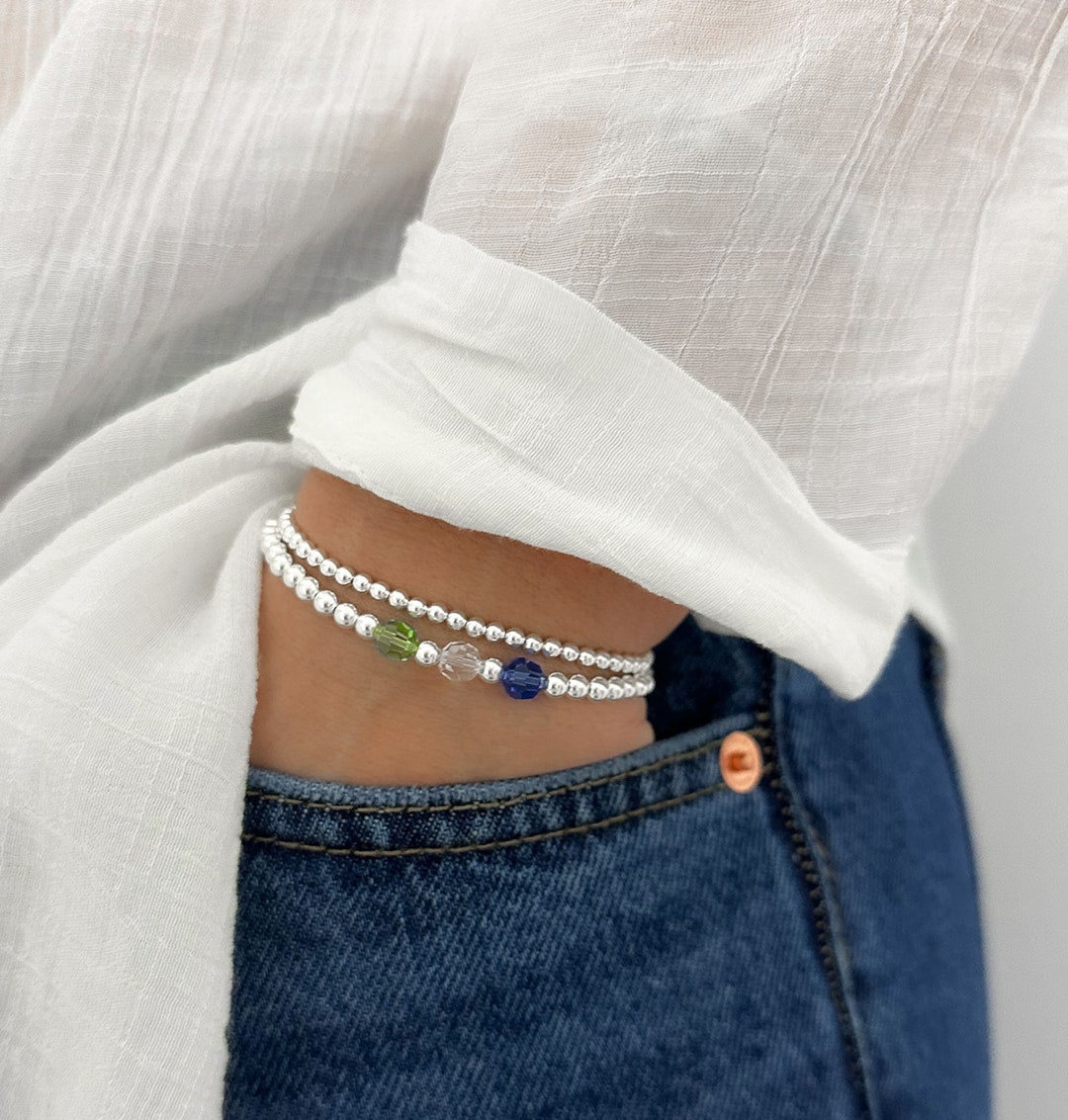 925 Sterling Silver Swarovski Birthstone Bead Bracelets, Sterling ...