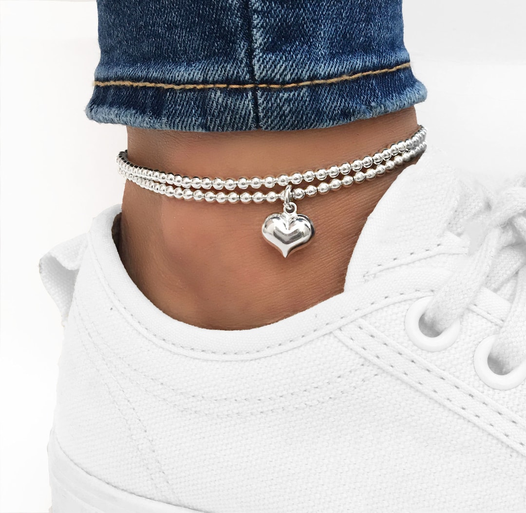 925 Sterling Silver Stretch Large Heart Anklet, Sterling Silver Anklet, Anklet, Silver Heart ...