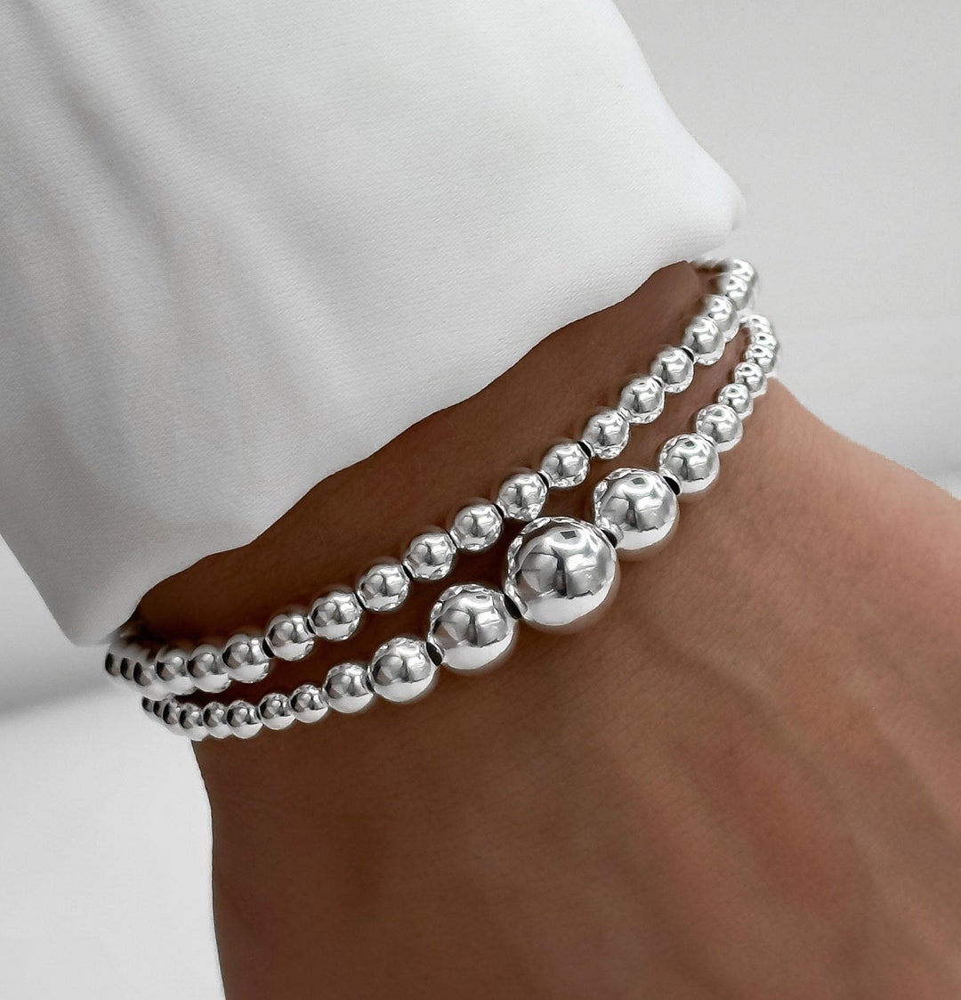 925 Sterling Silver Stretch Mixed Bead Bracelet, Bracelet, Stacked ...