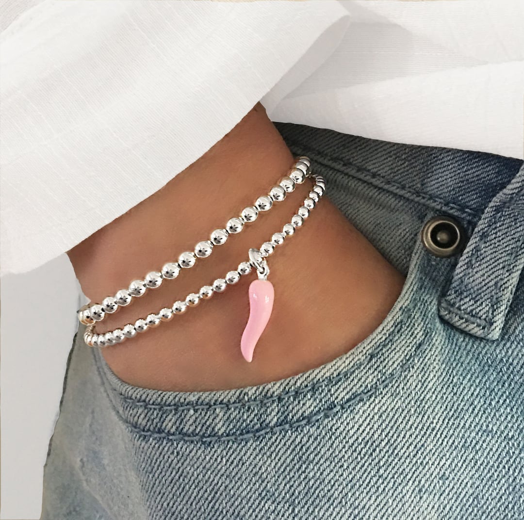 925 Sterling Silver Pink Cornetto, Italian Horn Bracelet, Malocchio ...