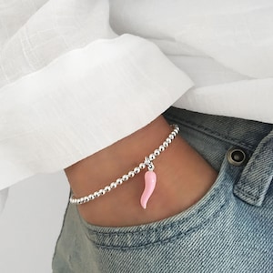 925 Sterling Silver Pink Cornetto, Italian Horn Bracelet, Malocchio ...