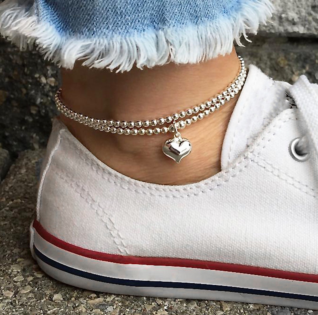 925 Sterling Silver Stretch Large Heart Anklet Sterling - Etsy