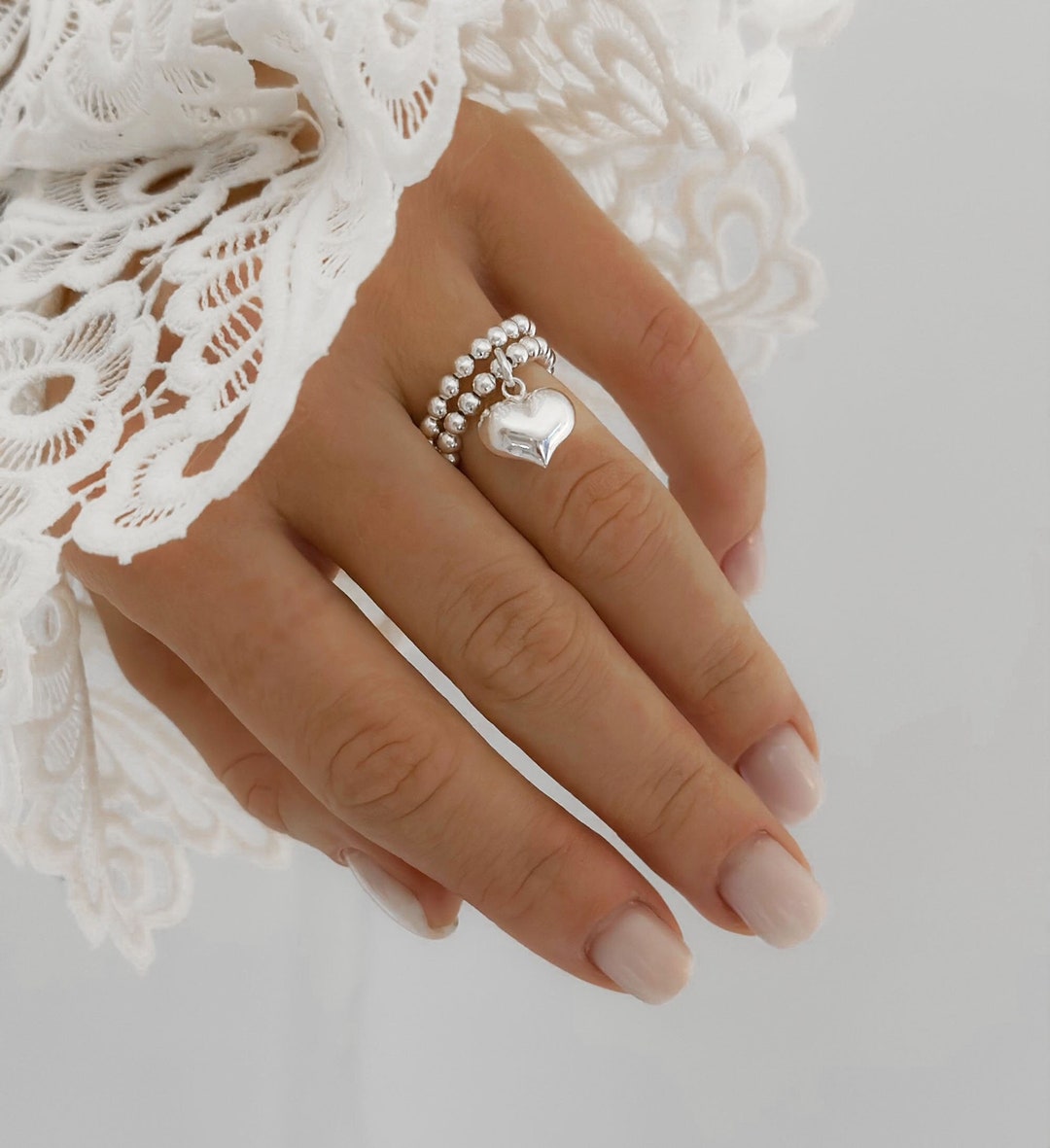 925 Sterling Silver Stretch Heart Charm Ring, Heart Charm, Women's ...