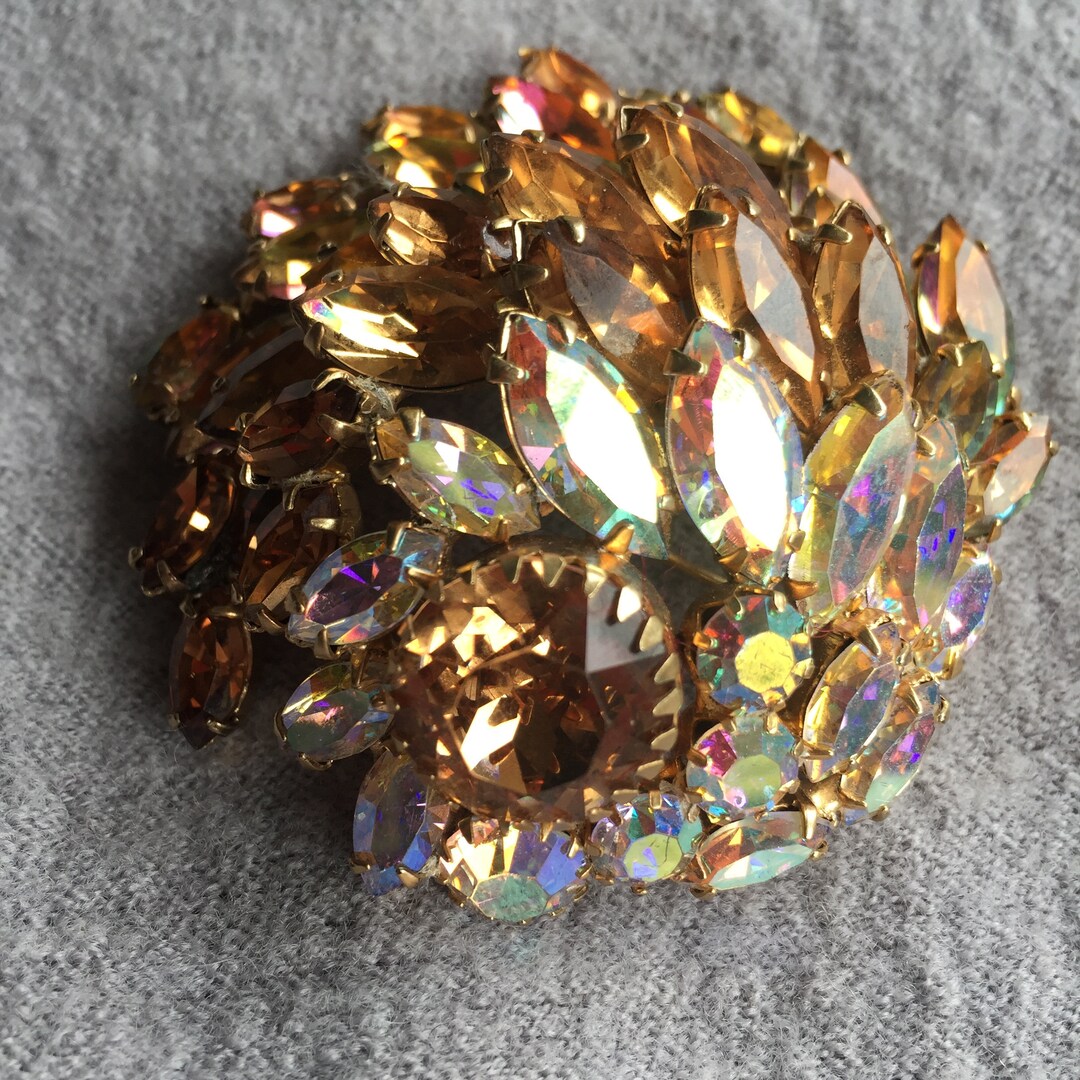 Vintage Rhinestone Brooch - Large Round 2.5 Inches Raised - Brown ...